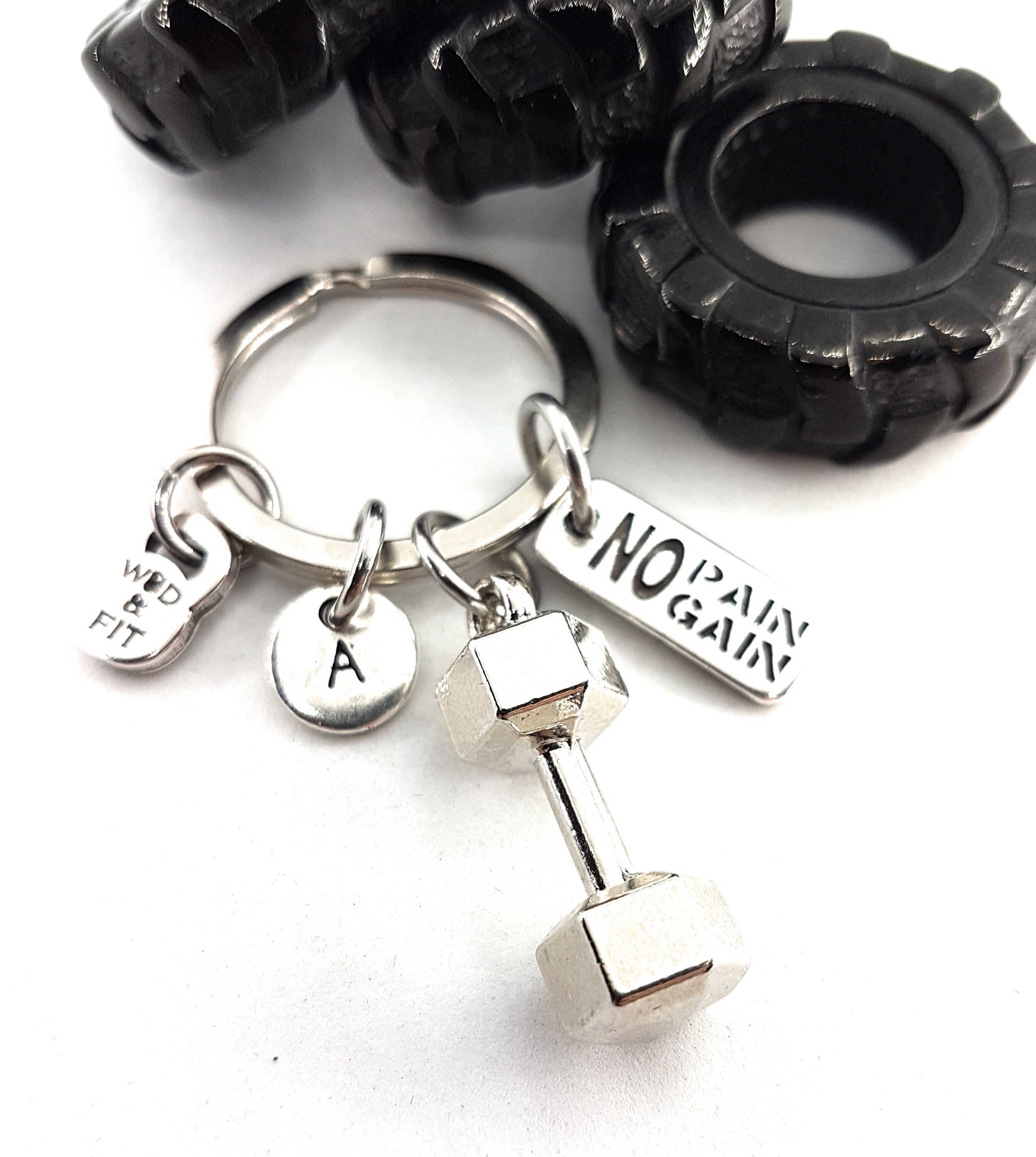 Gym Gift Dumbbell Keychain No Pain No Gain & Initial, Gym Key chain ...