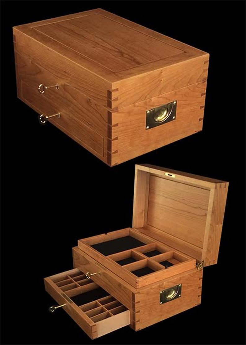 Large Dovetailed Cherry Jewelry Box With Two Trays and a Drawer With ...