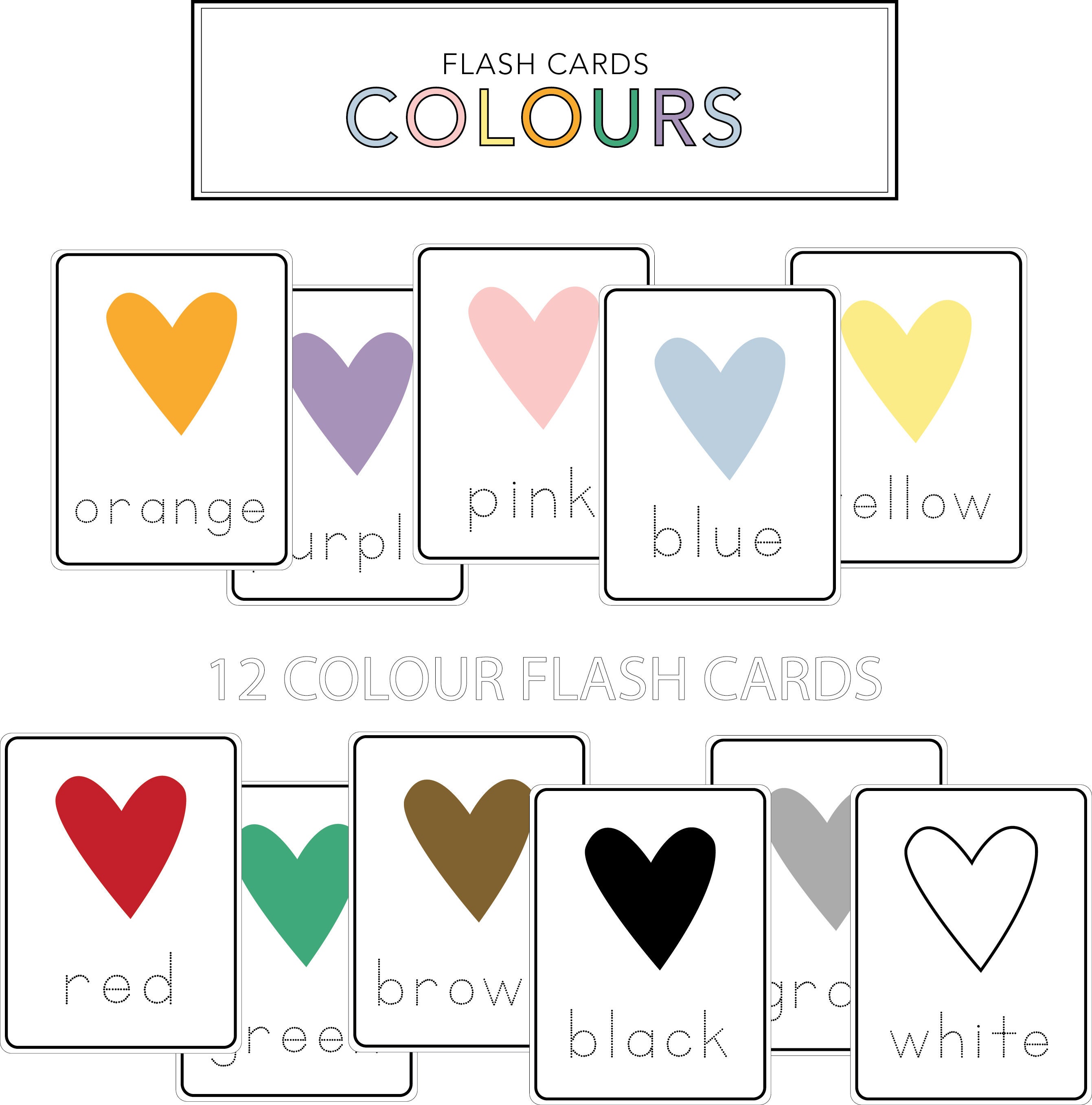COLOUR FLASH CARDS, Rainbow Hearts, Preschool Flashcards, Learn at Home ...
