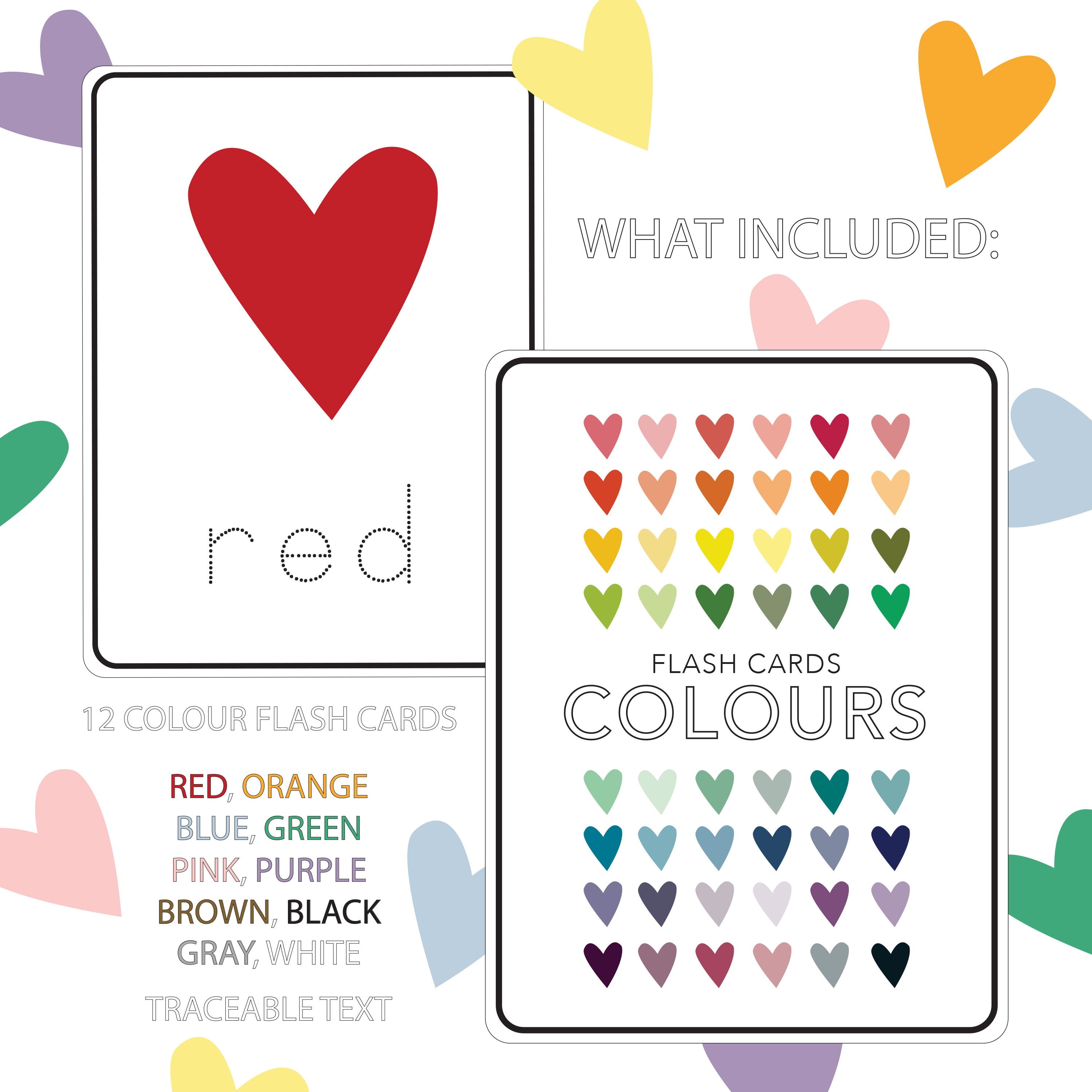 COLOUR FLASH CARDS, Rainbow Hearts, Preschool Flashcards, Learn at Home ...