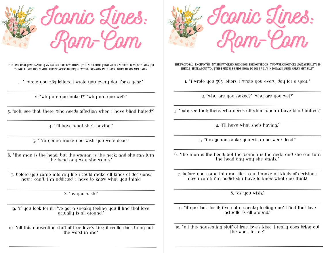 Rom Com Movie Game Film Line Match Bridal Shower Bachelorette Girl's ...