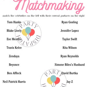 Celebrity Match Making 2024 Bridal Shower Bachelorette Valentine's ...