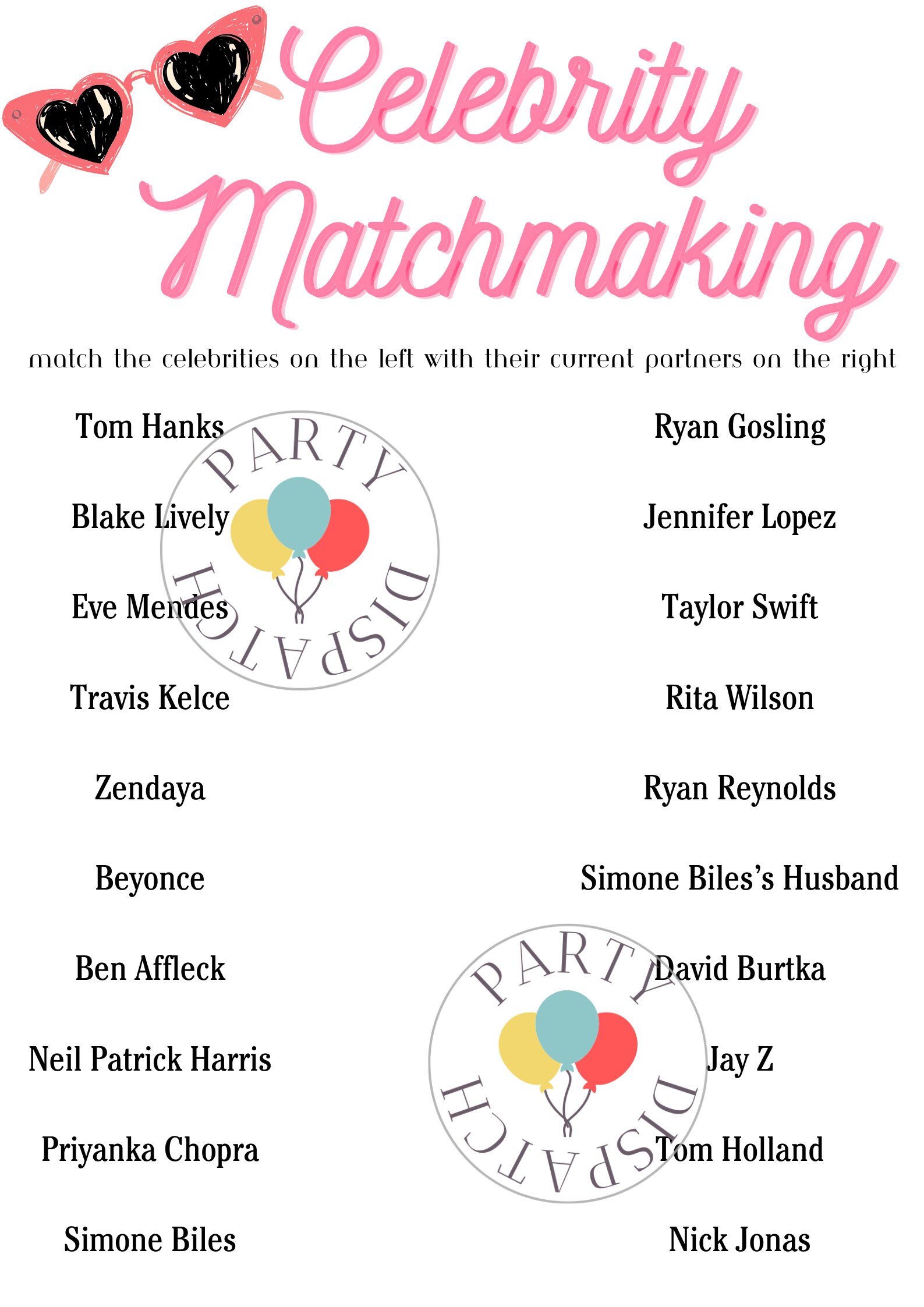 Celebrity Match Making 2024 Bridal Shower Bachelorette Valentine's ...