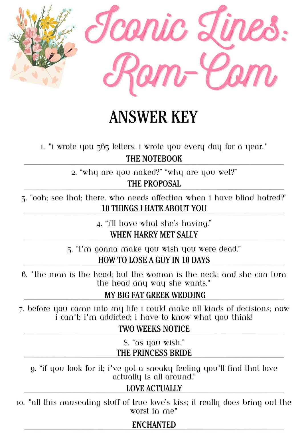 Rom Com Movie Game | Film Line Match | Bridal Shower | Bachelorette ...