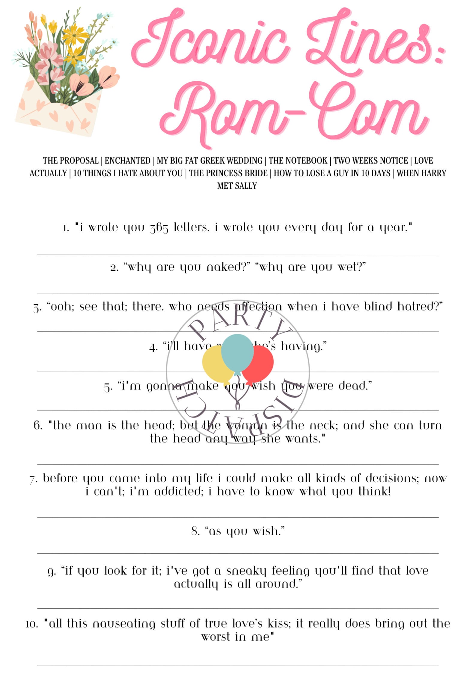 Rom Com Movie Game Film Line Match Bridal Shower Bachelorette Girl's ...