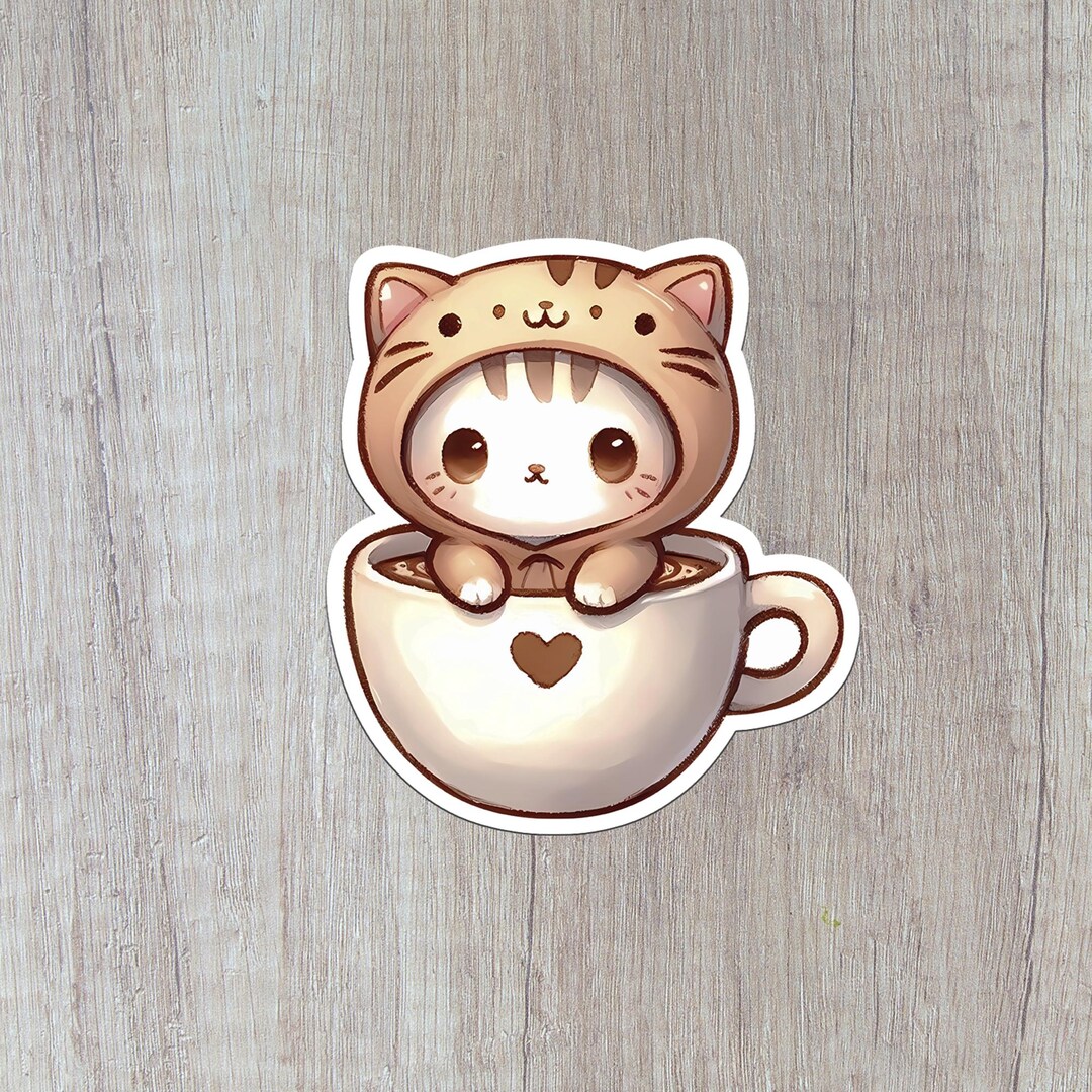 Cute Cat in Coffee Cup Sticker – Kawaii Vinyl Decal | Waterproof ...
