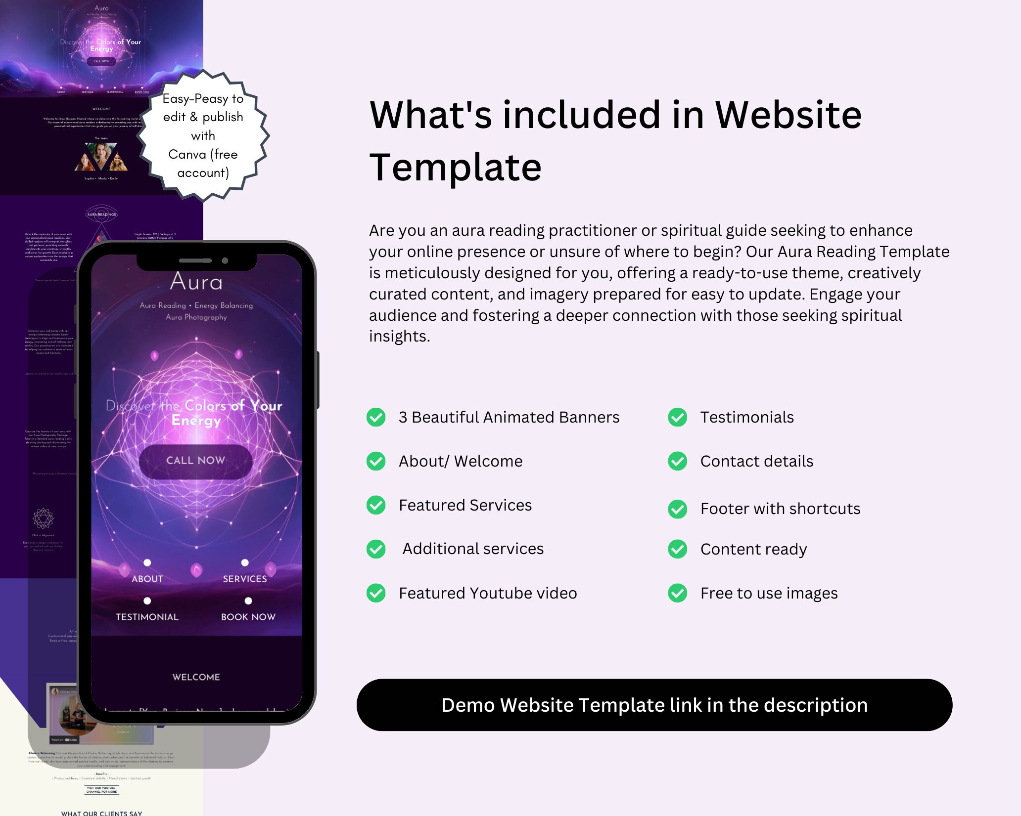 Aura Reading Website Template, Canva Editable, One-page Design ...
