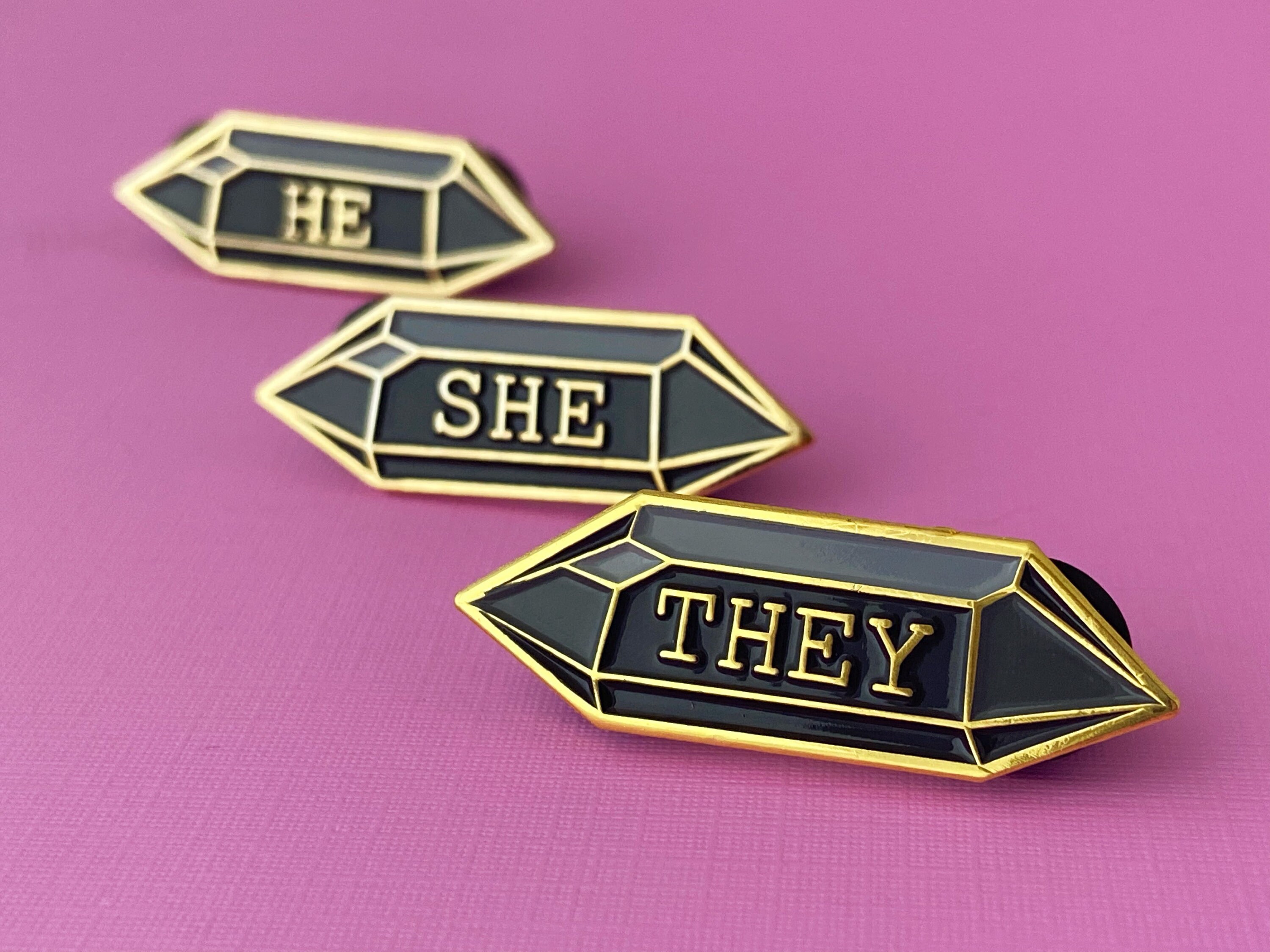 Crystal Gender Pronoun Soft Enamel Pin Black Gold Edition Etsy