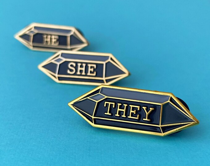 Crystal Gender Pronoun Soft Enamel Pin Black Gold Edition They She