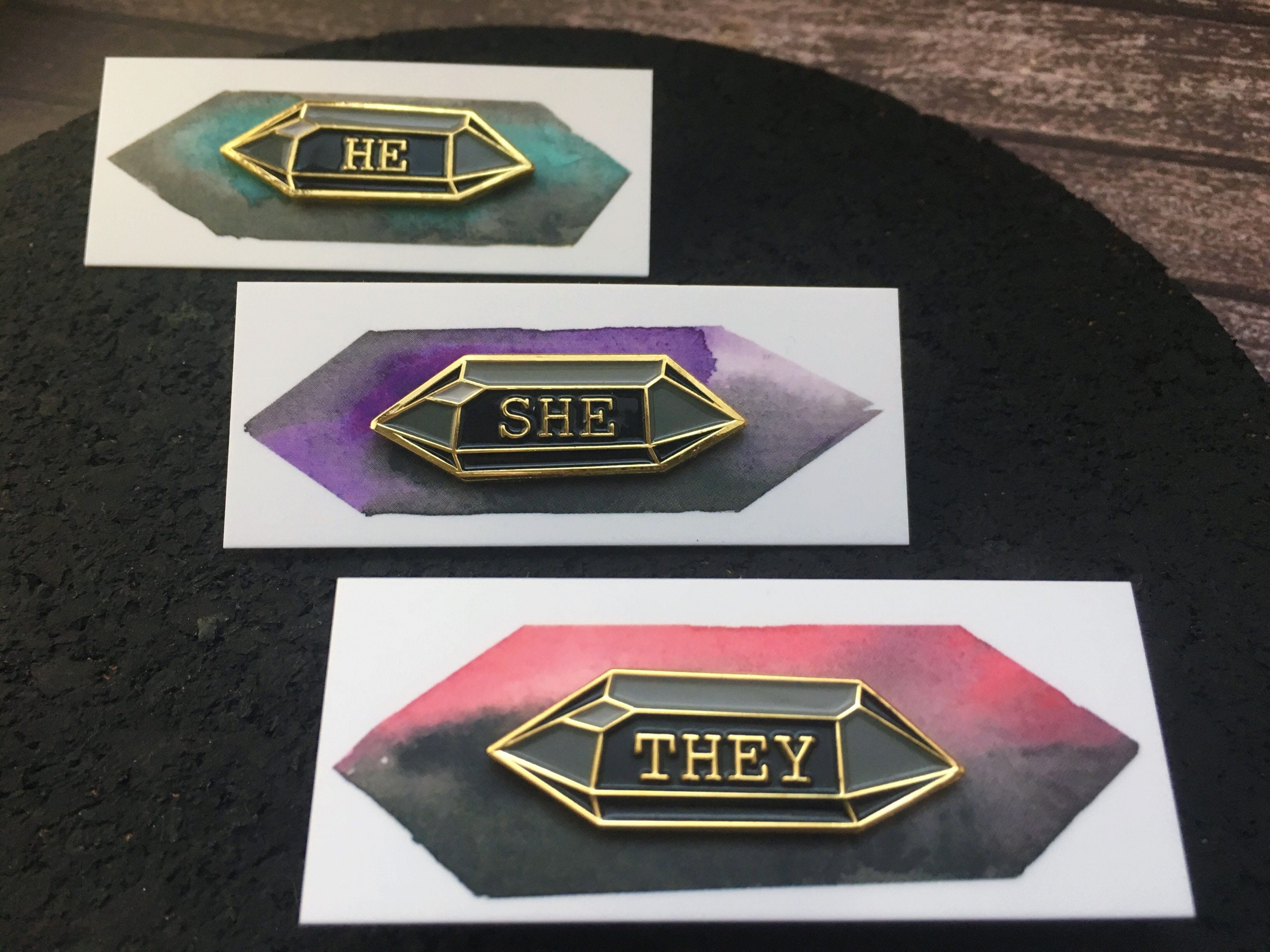 Crystal Gender Pronoun Soft Enamel Pin Black Gold Edition Etsy