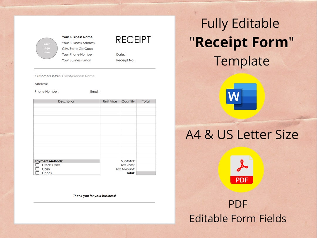 Printable Receipt Template, Editable Receipt Template, WORD Document ...