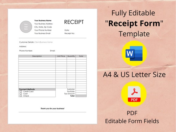 Printable Receipt Template Editable Receipt Template WORD - Etsy