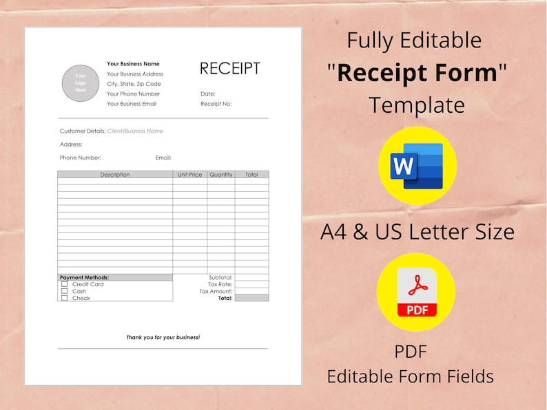 Printable Receipt Template, Editable Receipt Template, WORD Document ...