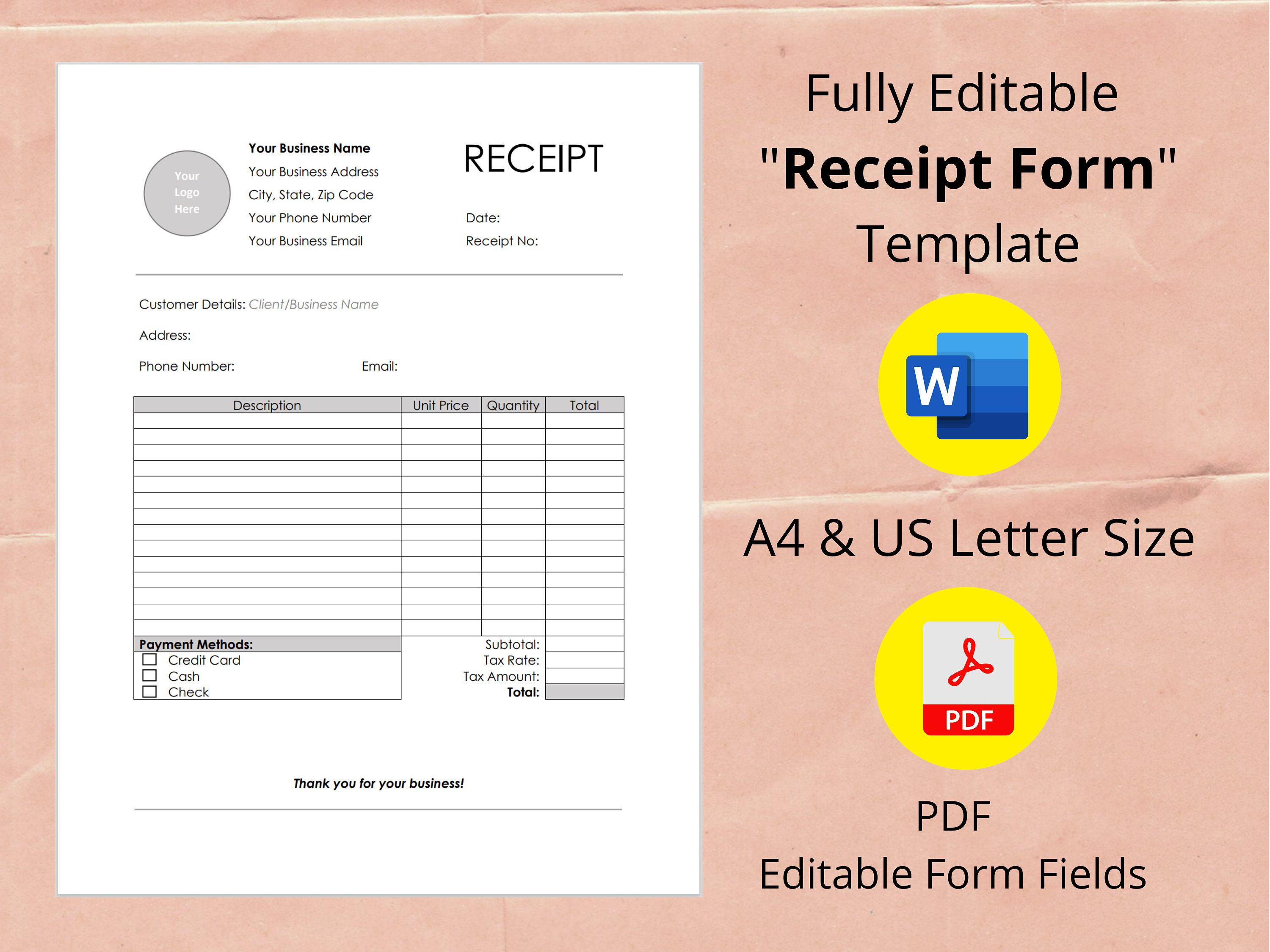 Printable Receipt Template, Editable Receipt Template, WORD Document ...