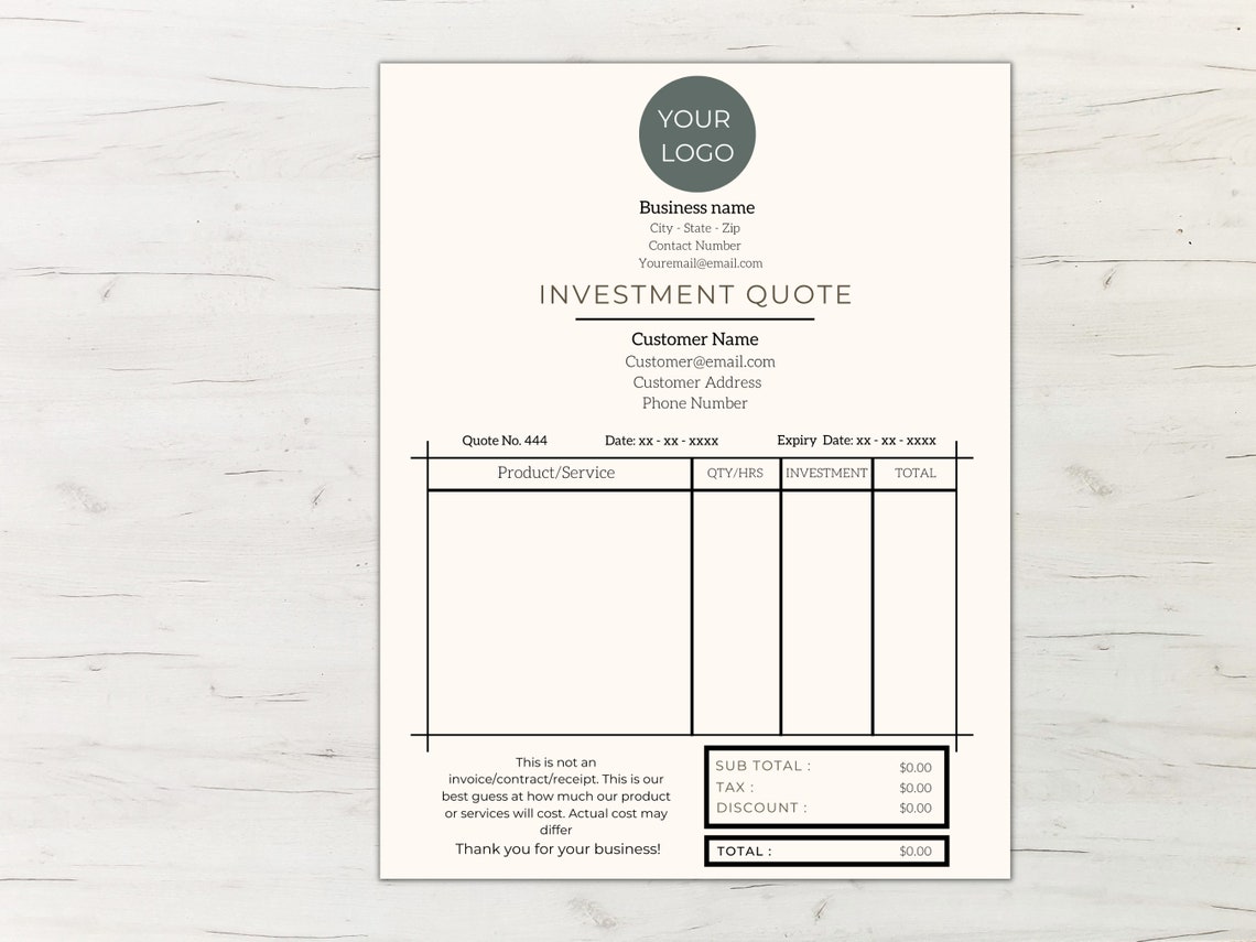 Invoice Editable Template Investment Quote Template - Etsy