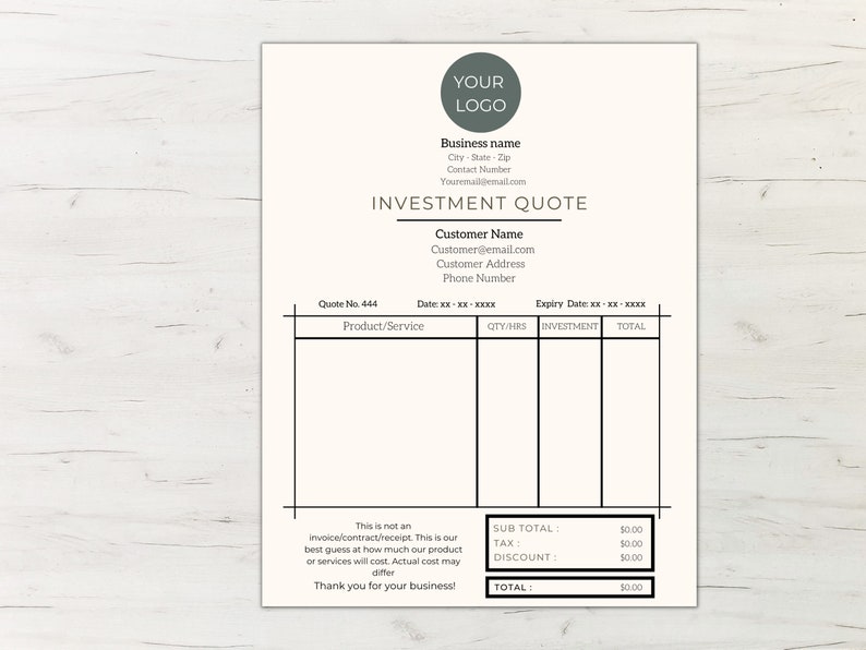 Invoice Editable Template, Investment Quote Template, Printable Order ...