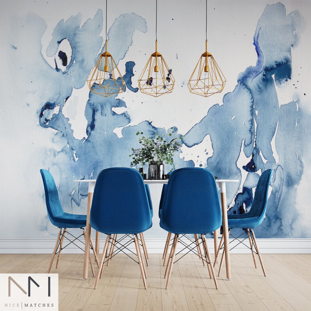 Blue Watercolor Wall Mural, Commercial or Home Interior, Custom Colors ...
