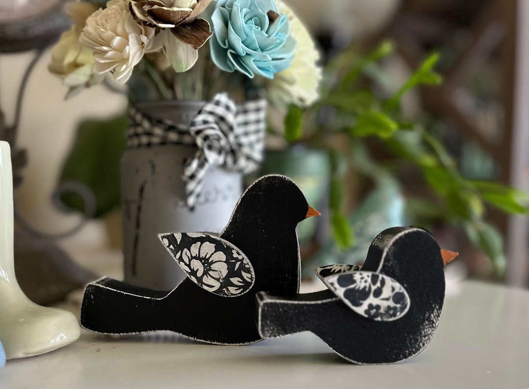 Set of 2 Farmhouse Black Wood Birds shelf Sitters - Etsy