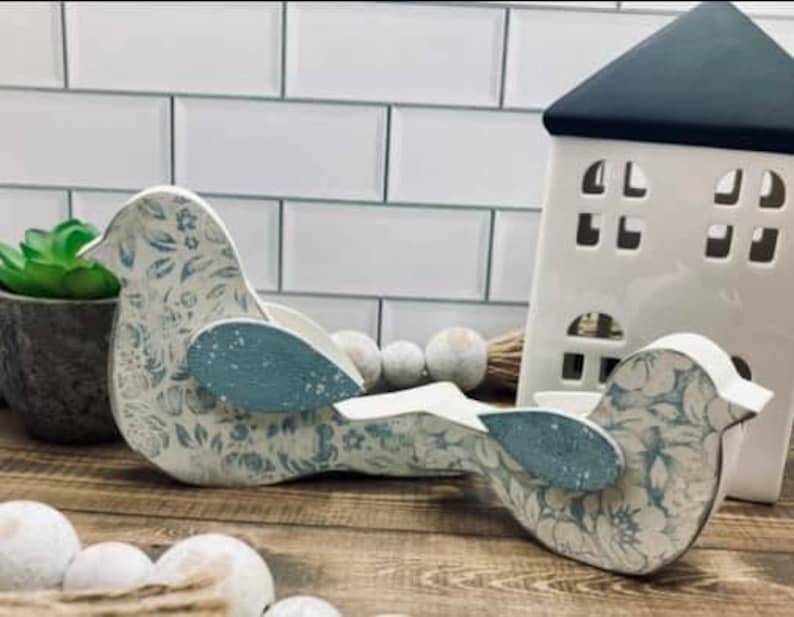 Set of 2 Farmhouse Wood Birds Blue shelf Sitters | Etsy