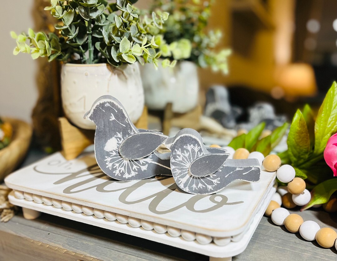 Set of 2 Grey Rustic Wood Birds shelf Sitters - Etsy