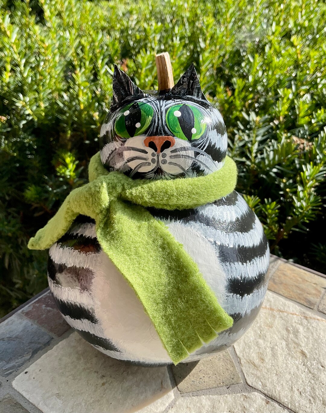 TABBY CAT GOURD, Hand Painted Gourd, Black and White Tabby W/green Eyes ...