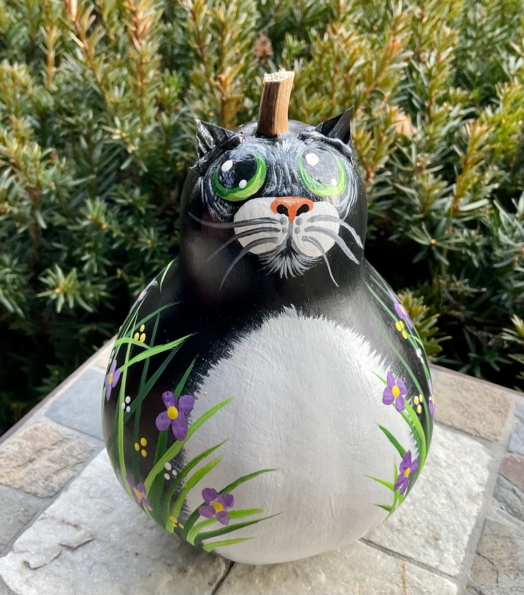SPRING FLORAL CAT Gourd, Hand Painted Gourd, Black Tuxedo Cat W/green ...