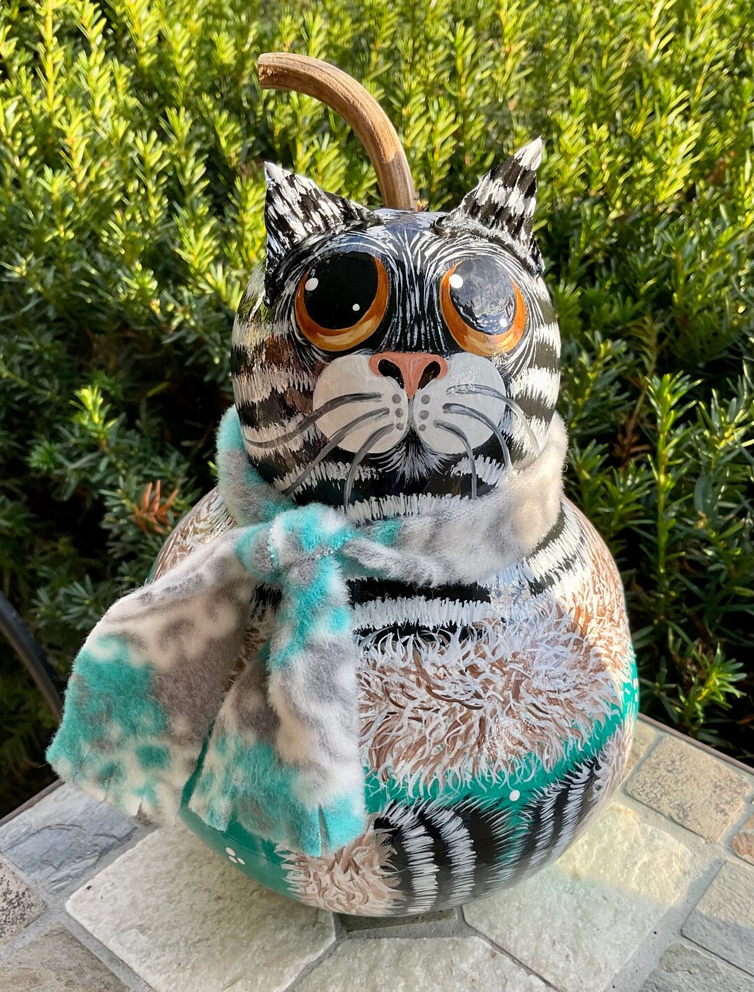 CHRISTMAS CAT GOURD, Hand Painted Gourd, Black & White Tabby Cat W/gold ...