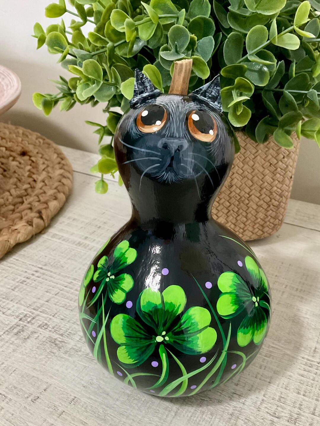 SHAMROCK CAT GOURD, Hand Painted Gourd, Black Cat W/gold Eyes ...