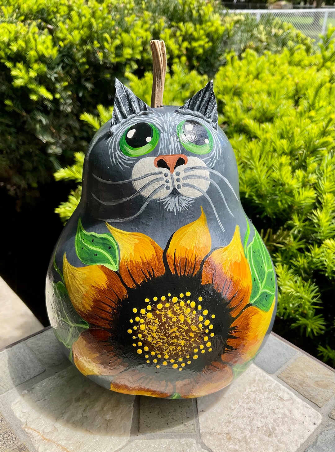 SUNFLOWER CAT GOURD, Hand Painted Gourd, Gray Cat W/green Eyes ...