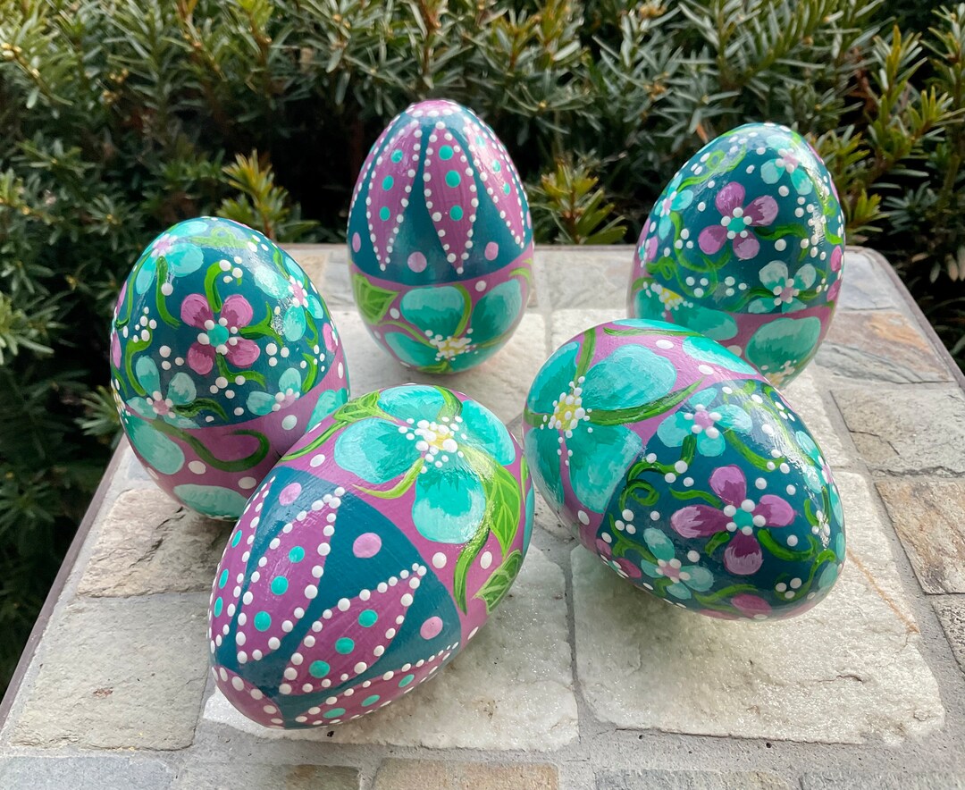 FLORAL WOODEN EGG, Hand Painted Egg, Easter Decor, Spring Decor, Teal ...