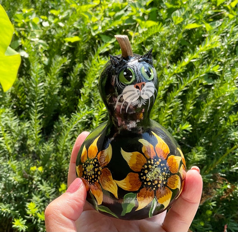 SUNFLOWER CAT GOURD, Mini Hand Painted Gourd 5”, Fall Decor, Sunflower ...