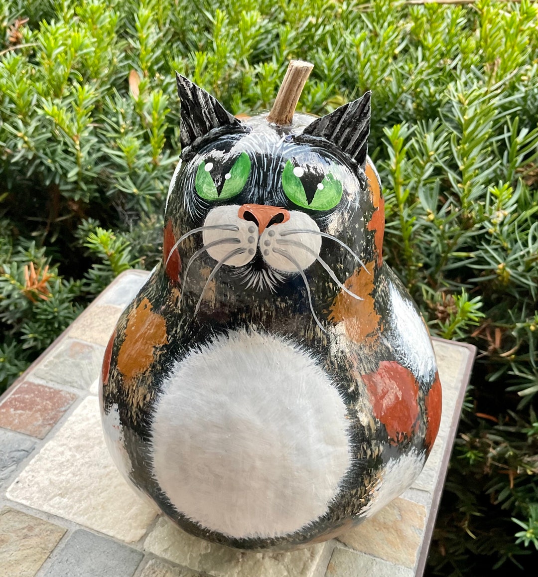 CALICO CAT GOURD, Hand Painted Gourd, Calico Cat W/green Eyes, Unique ...