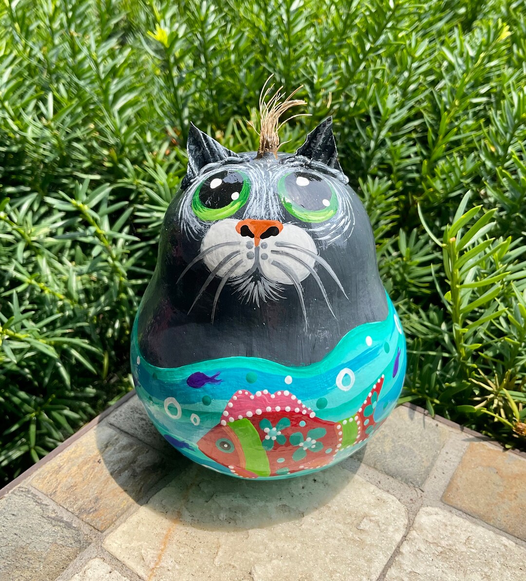 BEACHY CAT GOURD, Hand Painted Gourd, Gray Cat W/green Eyes, Mini Cat ...