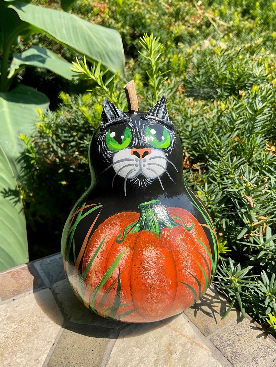 FALL PUMPKIN CAT Gourd, Hand Painted Gourd, Fall Decor, Black Cat W ...