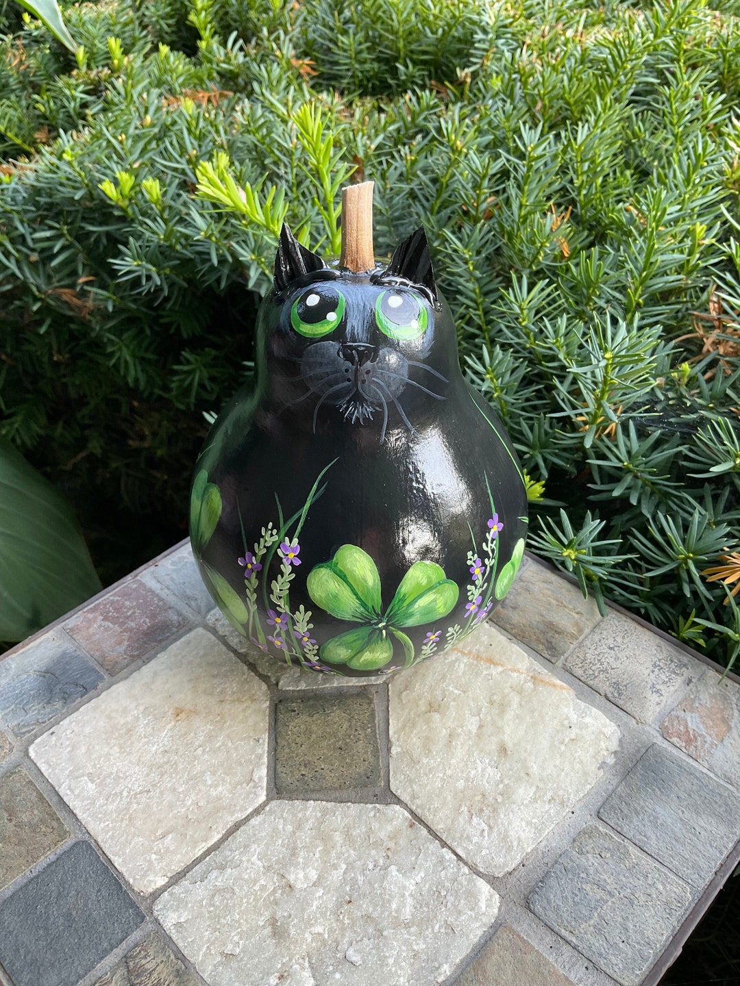 SHAMROCK KITTY GOURD Hand Painted Gourd Black Cat W/green - Etsy