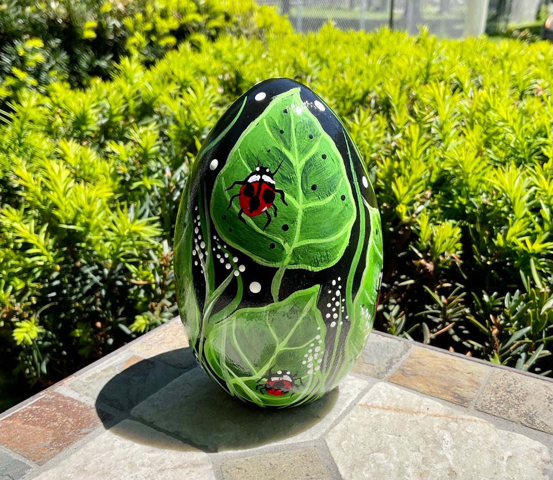 LARGE LADYBUG WOODEN Egg, Hand Painted Egg. Black Background W/bright ...