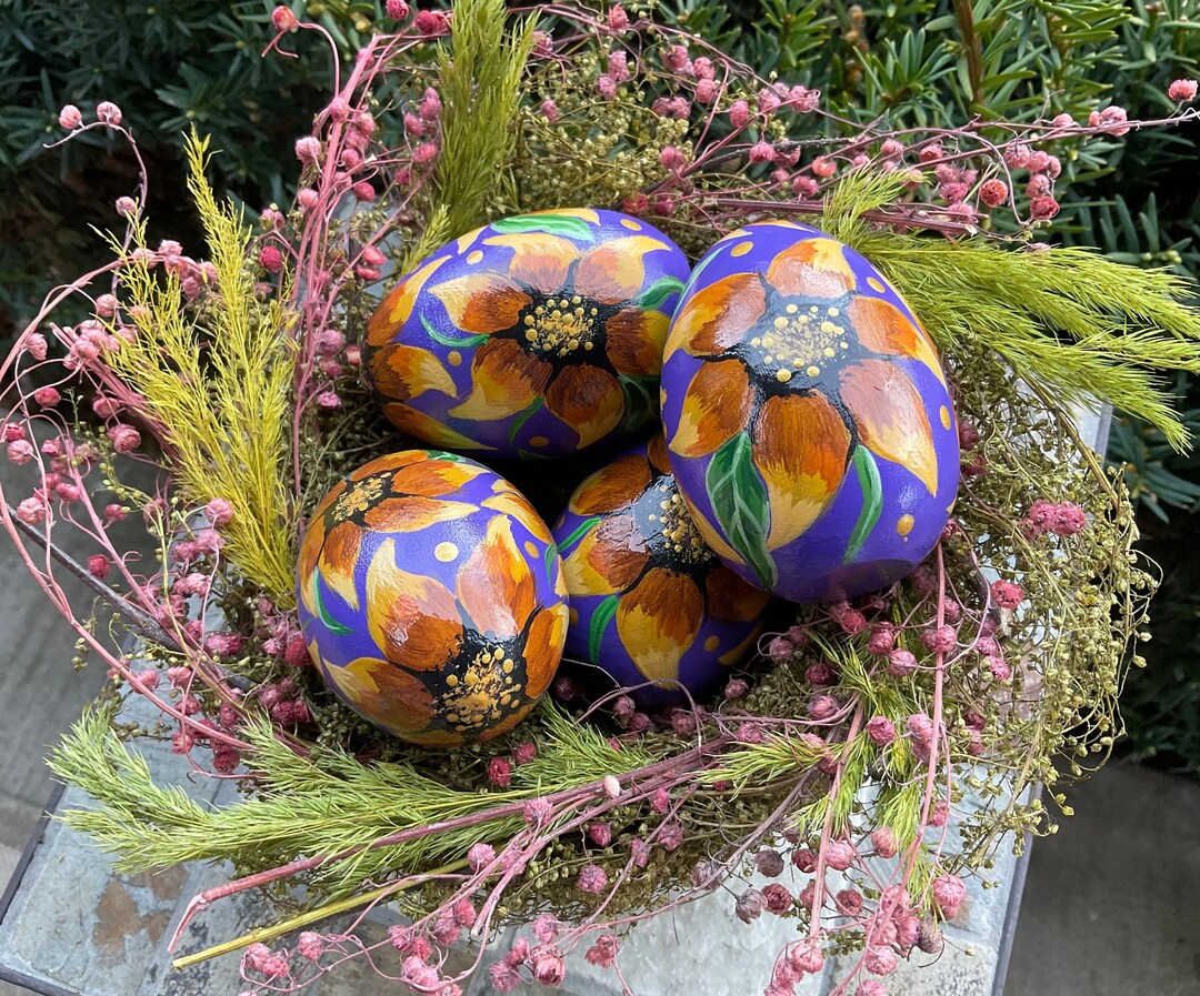 WOODEN SUNFLOWER EGGS, Hand Painted Eggs, Purple Eggs With Sunflowers ...