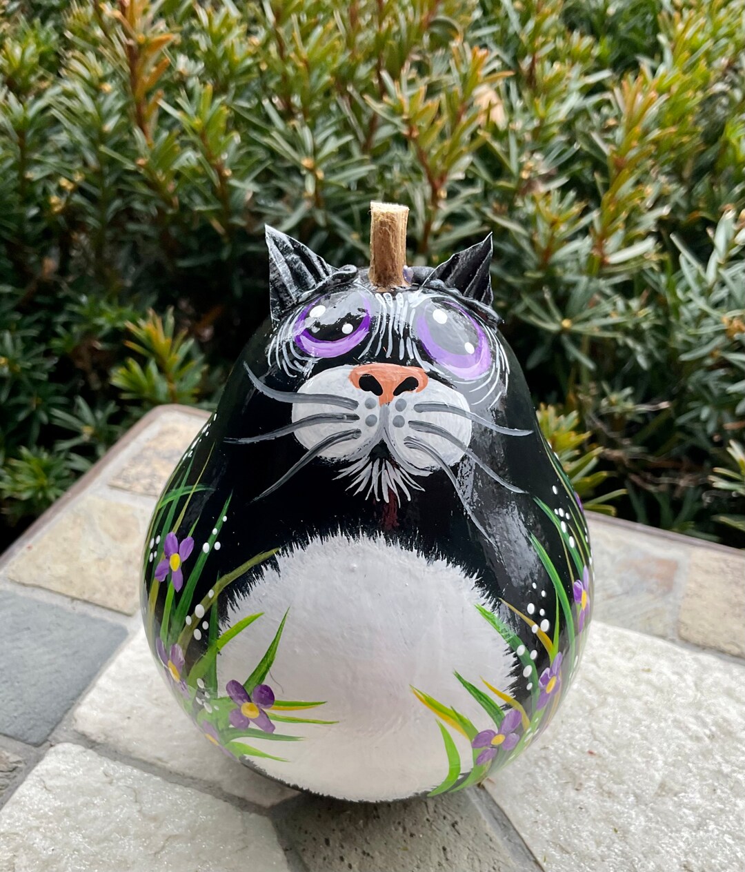 SPRING FLORAL CAT Gourd, Mini Cat 3 1/2 Tall, Black Tuxedo Cat W/purple ...
