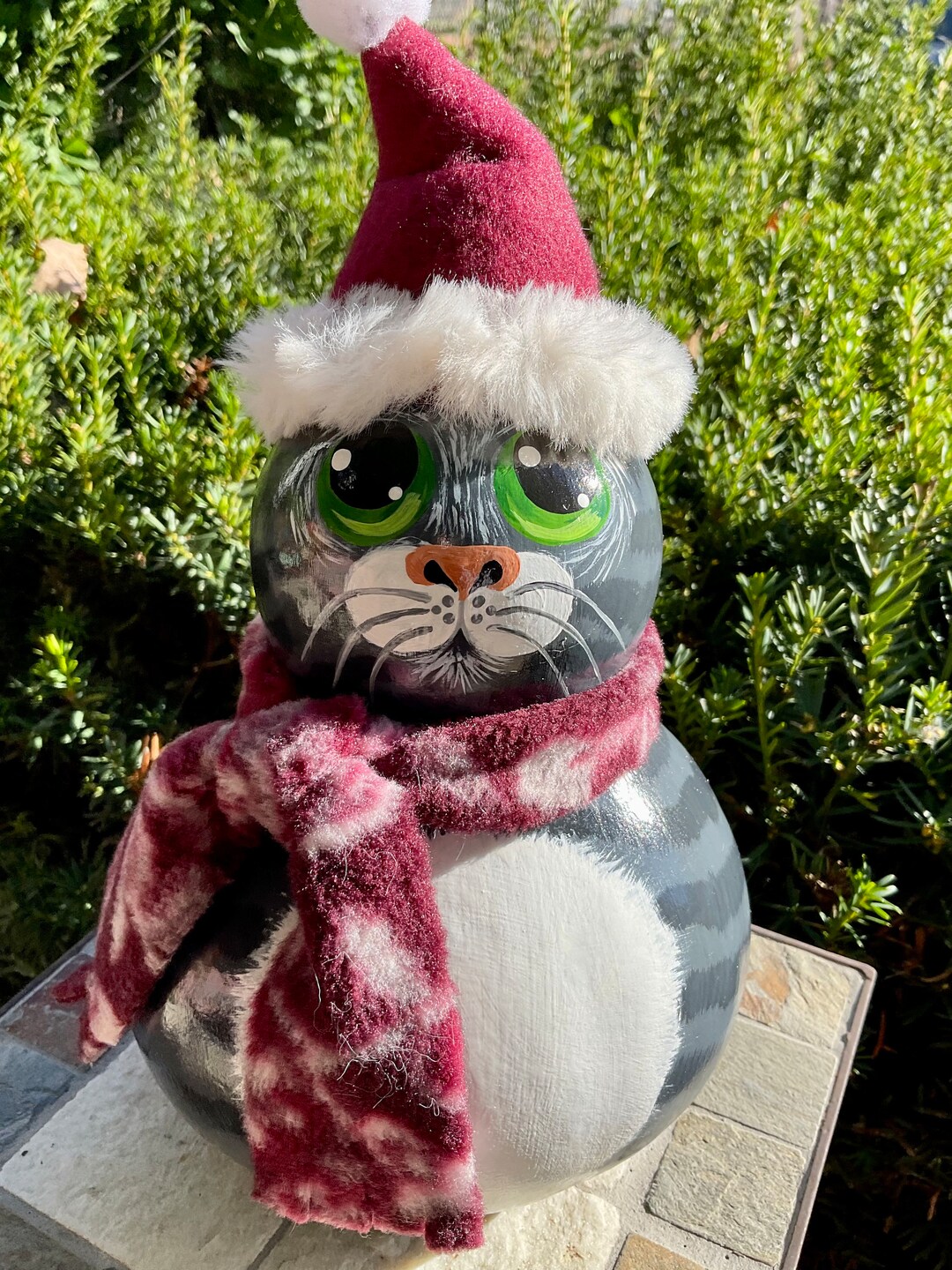 SANTA CAT GOURD, Hand Painted Gourd, Gray Tabby W/green Eyes, Cat Lover ...