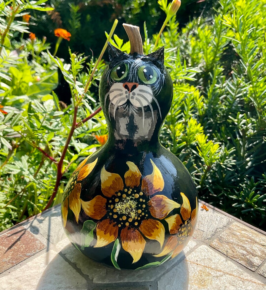 SUNFLOWER CAT GOURD, Mini Hand Painted Gourd 5”, Fall Decor, Sunflower ...