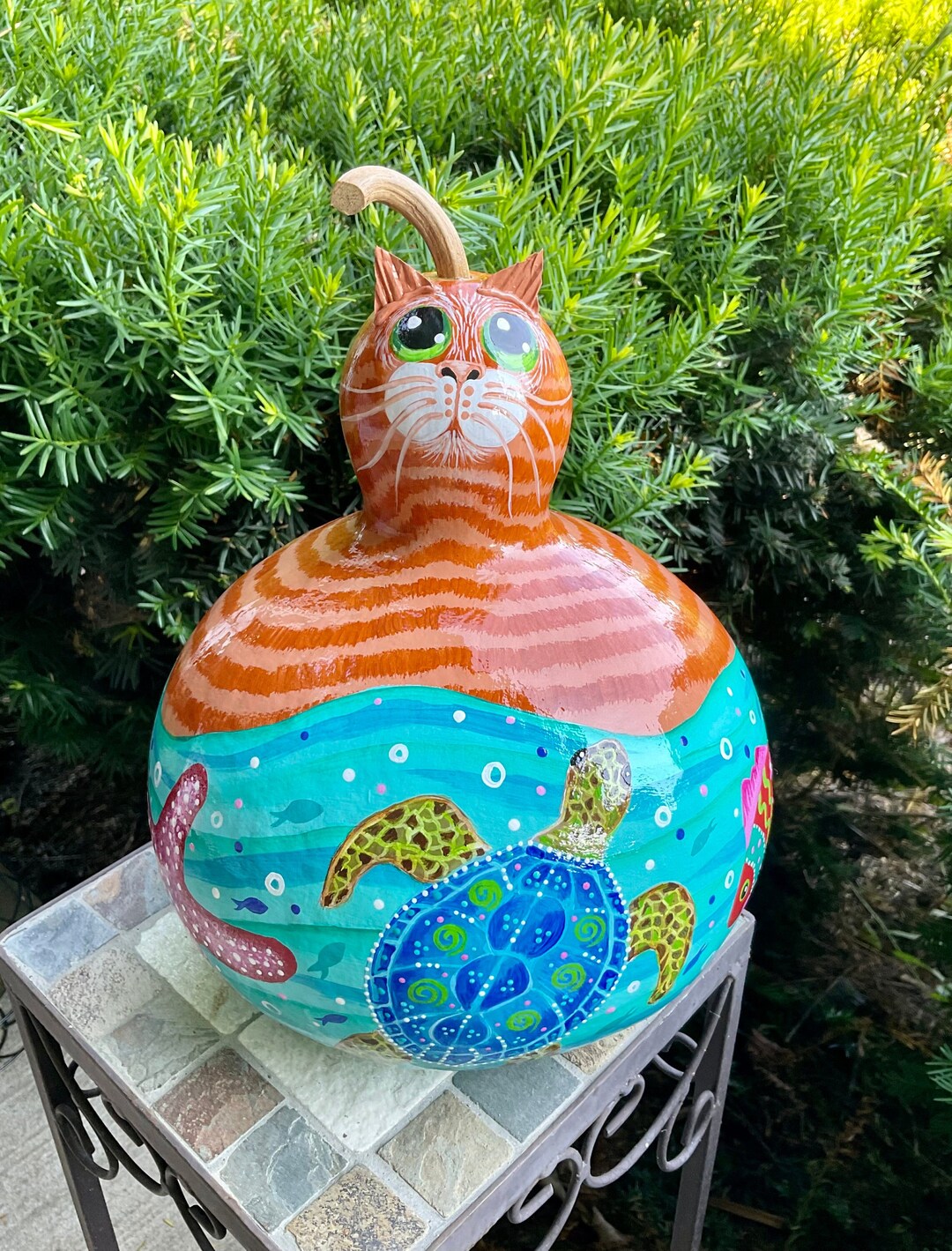 BEACHY CAT GOURD, Hand Painted Gourd, Orange Tabby W/green Eyes, Ocean ...