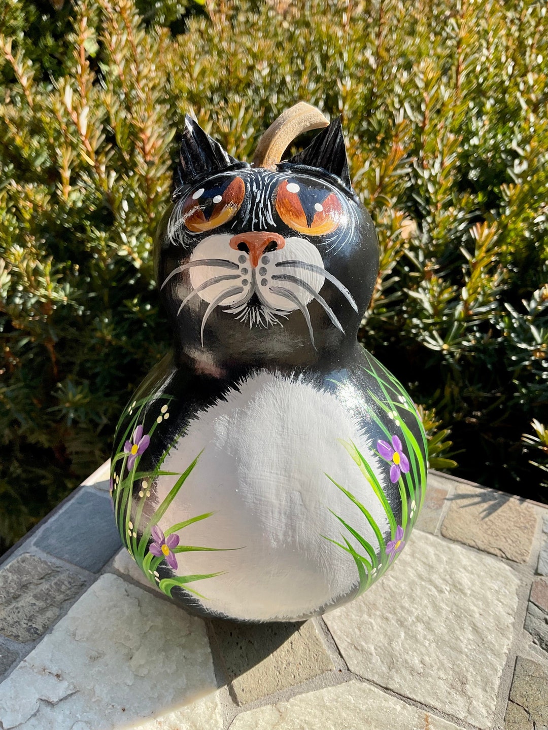 SPRING FLORAL CAT Gourd, Hand Painted Gourd, Black Tuxedo Cat W/gold ...