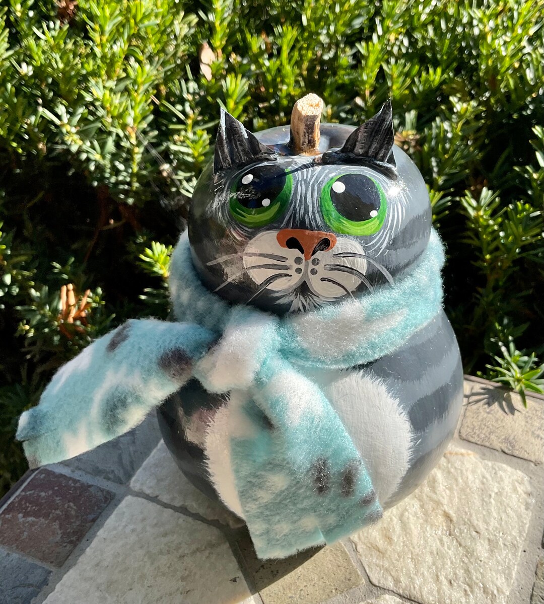 TABBY CAT GOURD, Hand Painted Gourd, Gray Tabby W/green Eyes, Cat Lover ...