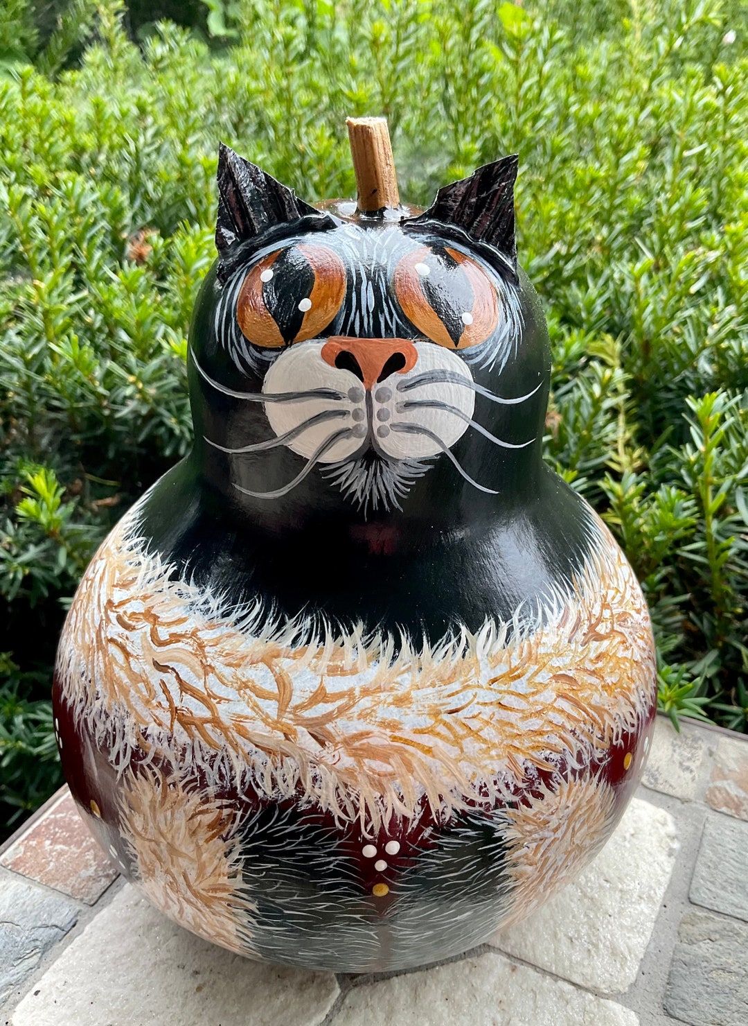 CHRISTMAS CAT GOURD, Hand Painted Gourd, Black Cat W/gold Eyes ...