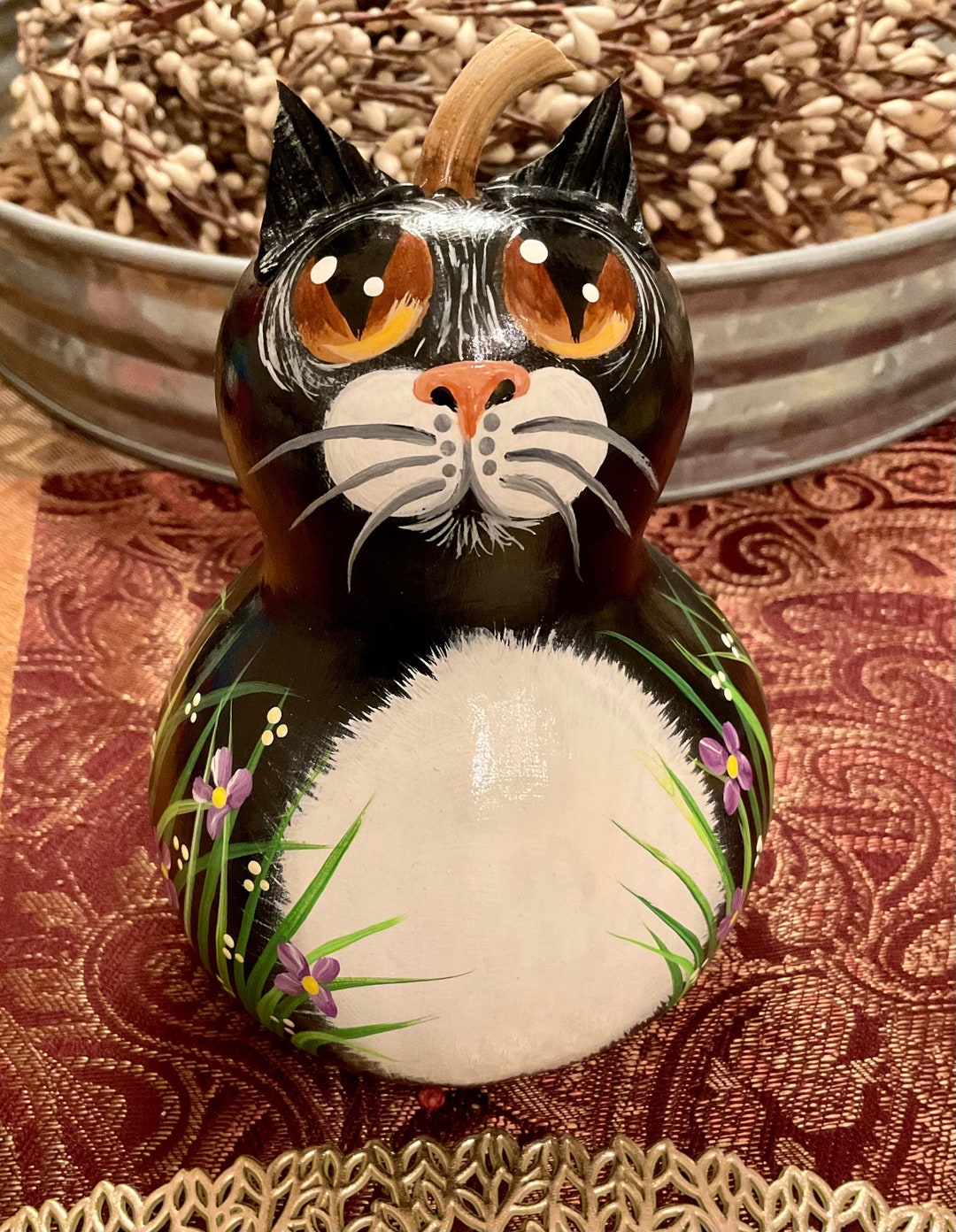 SPRING FLORAL CAT Gourd Hand Painted Gourd Black Tuxedo Cat - Etsy