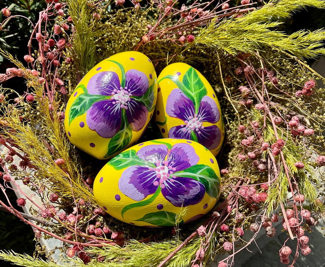 WOODEN PANSY EGG, Hand Painted Egg, Yellow Egg W/purple Pansies, Egg ...