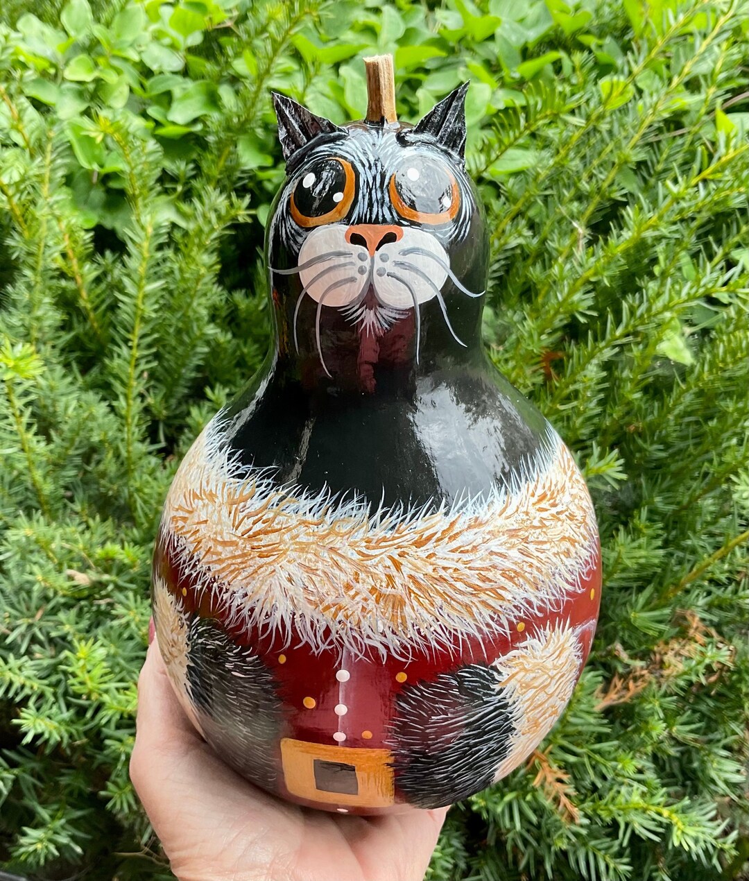 CHRISTMAS CAT GOURD, Hand Painted Gourd, Black Cat W/gold Eyes, Santa ...