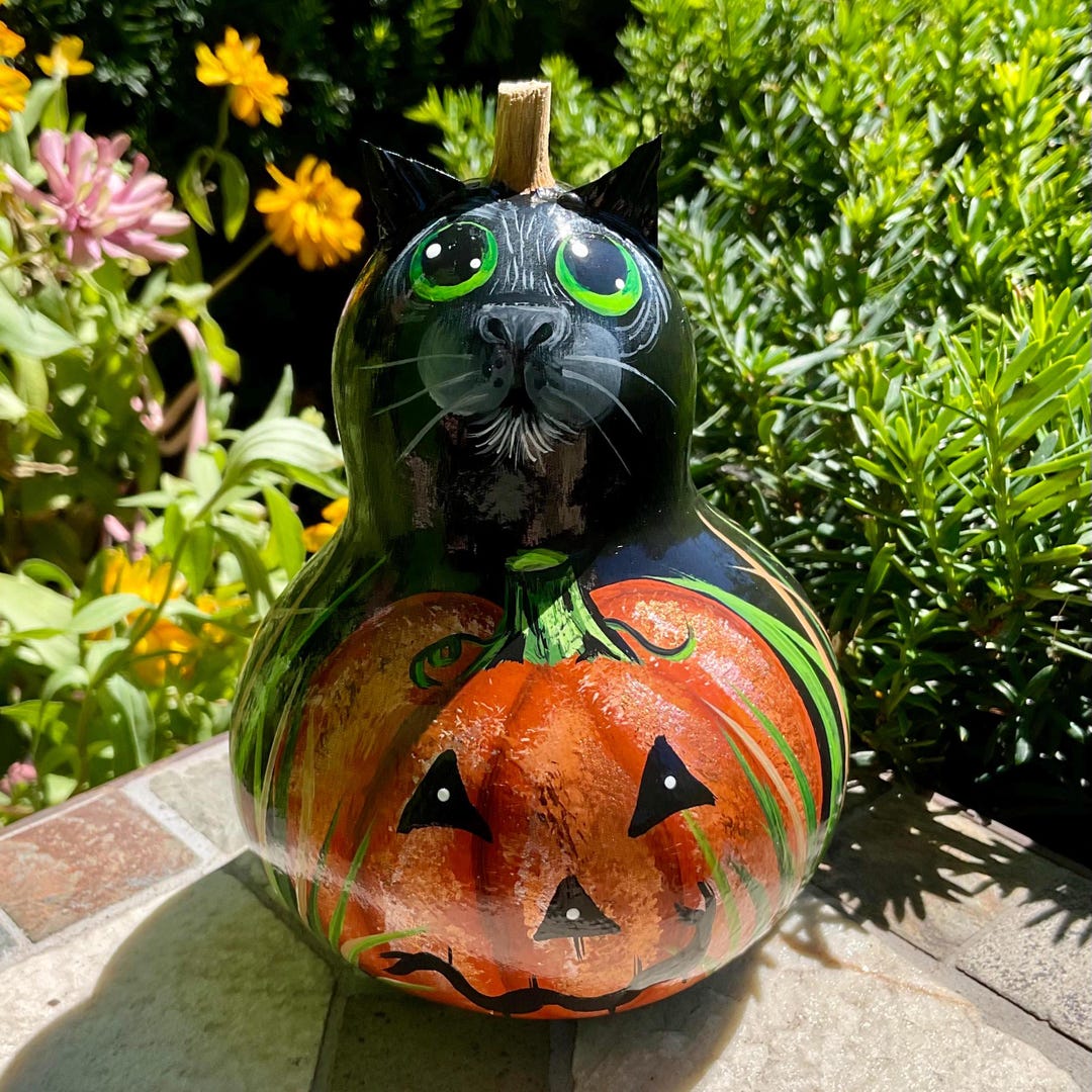 HALLOWEEN CAT GOURD, Hand Painted Gourd, Halloween Decor, Black Cat W ...