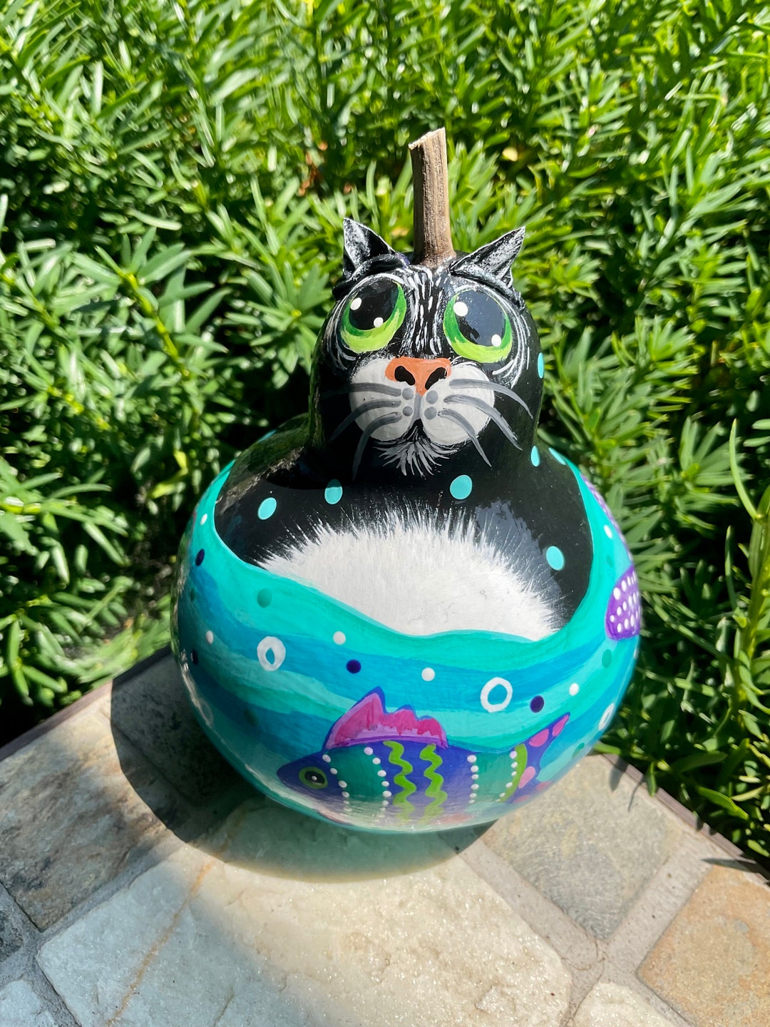 BEACHY CAT GOURD, Hand Painted Mini Cat Gourd, 4 1/2” Tall, Black Cat W ...
