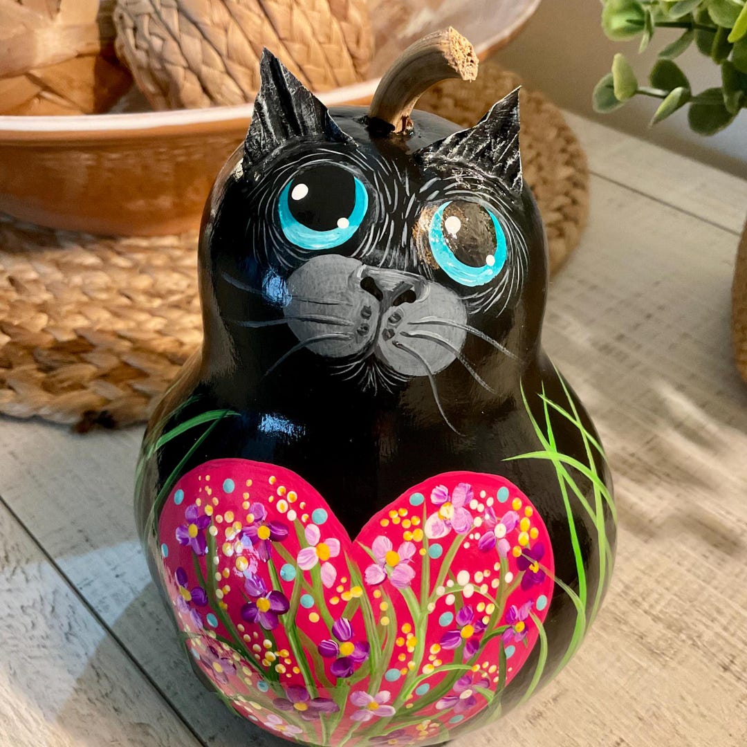 SPRING/SUMMER CAT Gourd, Hand Painted Gourd, Black Cat W/blue Eyes ...